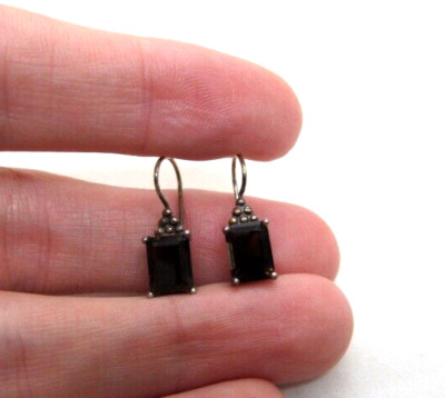 925 Sterling Silver Smoky Quartz Beaded Vintage Square Dangle Drop ...