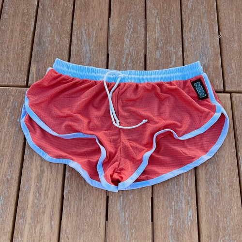 N2N Bodywear Men coral red mesh gym split booty short shorts size M L ...