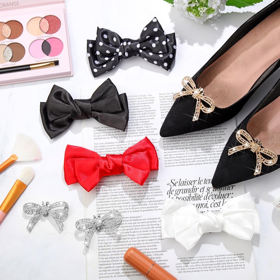 12 Pcs Bow Shoe Clips Rhinestone Satin Bow Shoe Buckle Solid Color ...