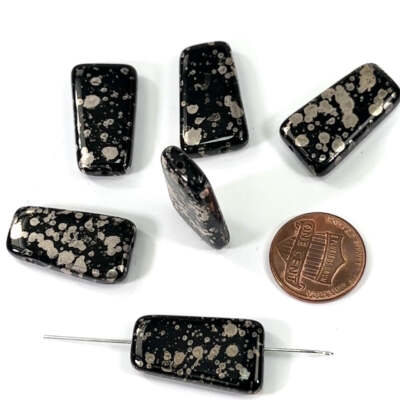 Czech Pressed Druk Glass Beads 26x15mm Black with Silver Spots 6 pieces ...