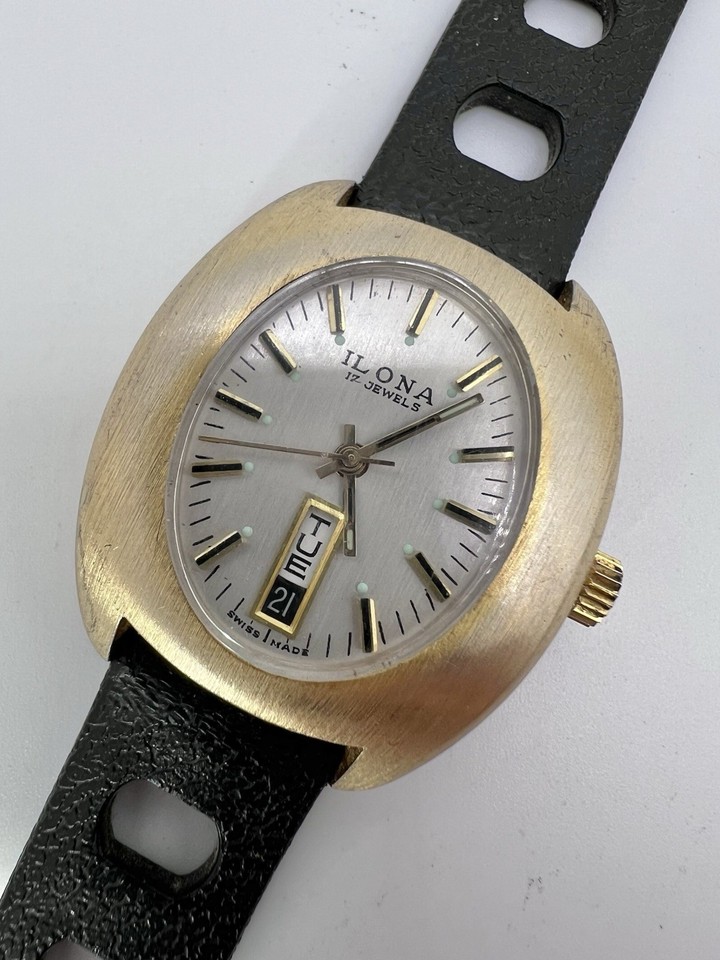 Vintage Rare Gold Tone Ilona Day Date Mechanical Men’s Watch Oval ...