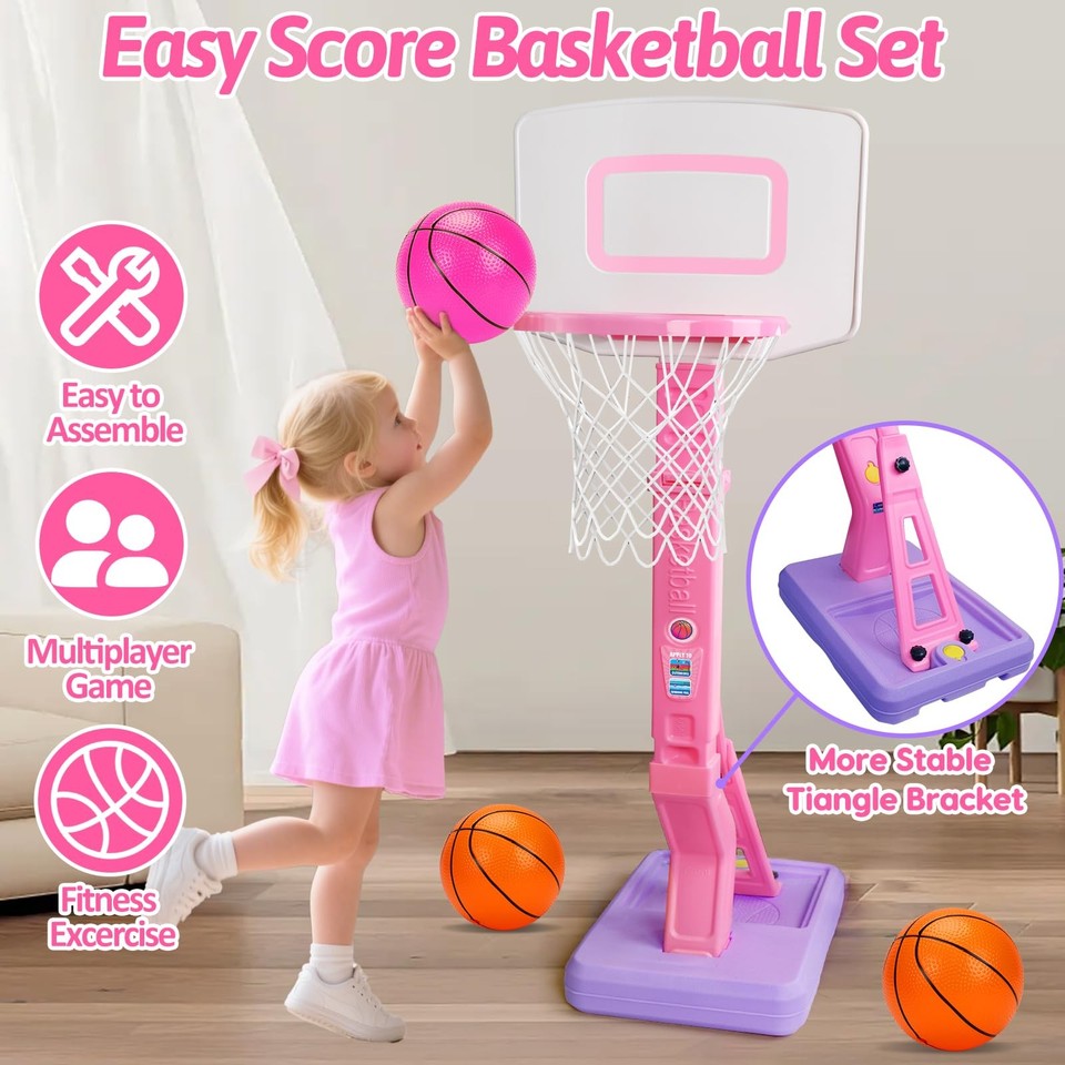 Basytodio Toddler Pink Basketball Hoop Indoor Outdoor, Adjustable Kids ...