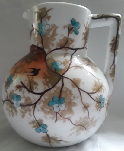 Antique Hand Painted Pitcher Featuring Swallow Birds & Blue Flowers 7 ...
