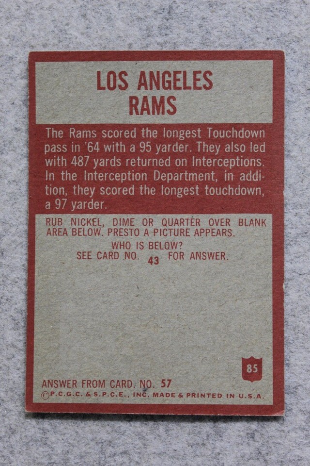 1965 Philadelphia Football #85 LOS ANGELES RAMS TEAM CARD | eBay