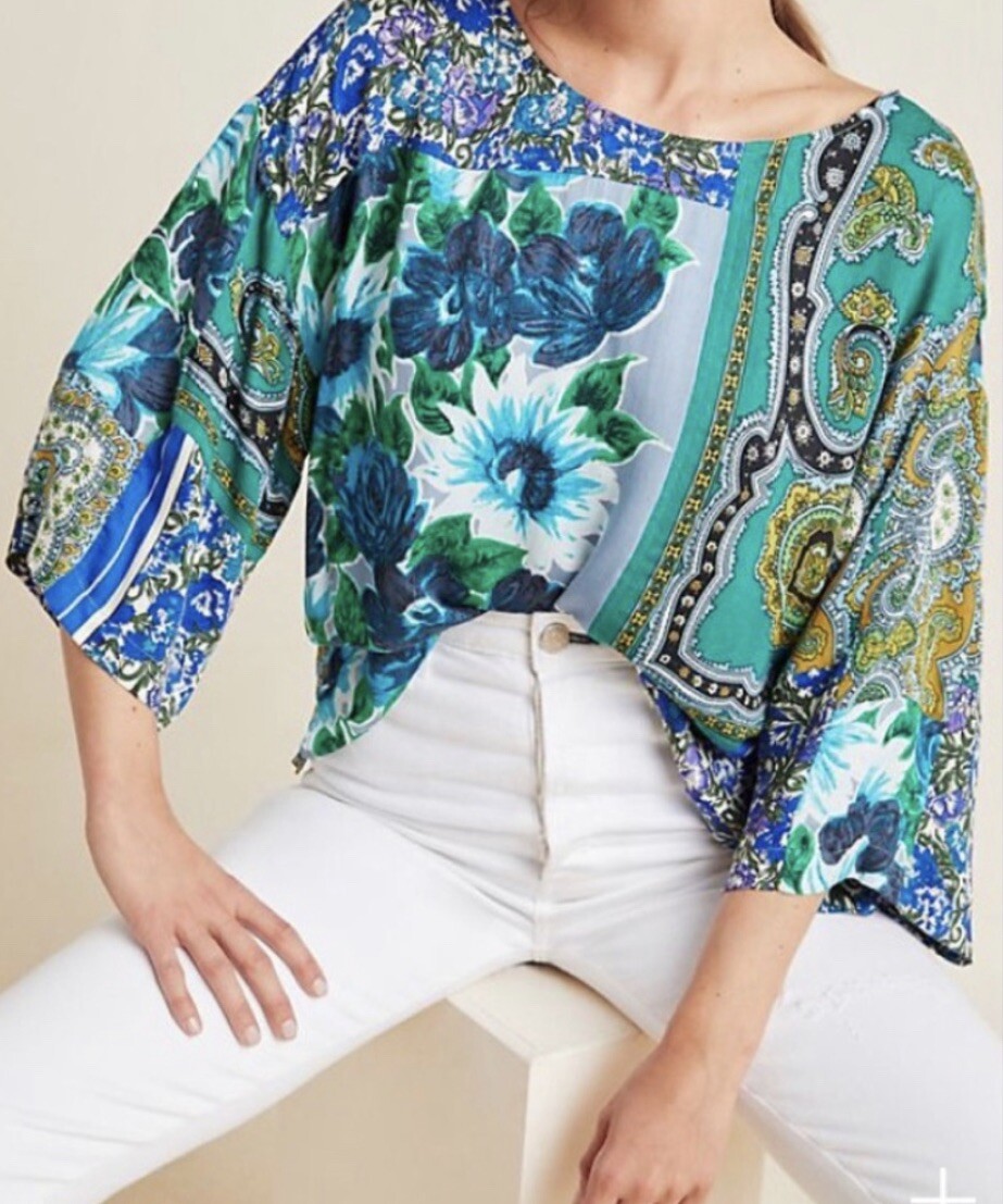 Anthrpologie Ellery Blue Floral Patchwork Blouse - Gem