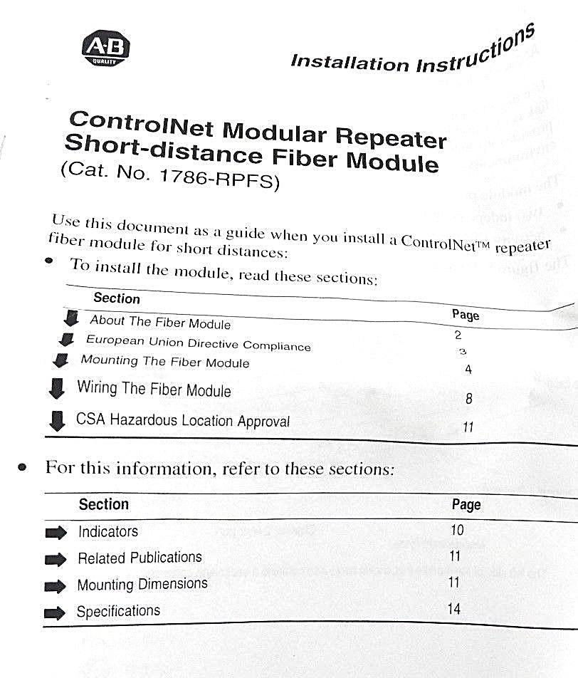 NIB ALLEN BRADLEY 1786-RPFS CONTROLNET FIBER REPEATER - SHORT SER. A ...