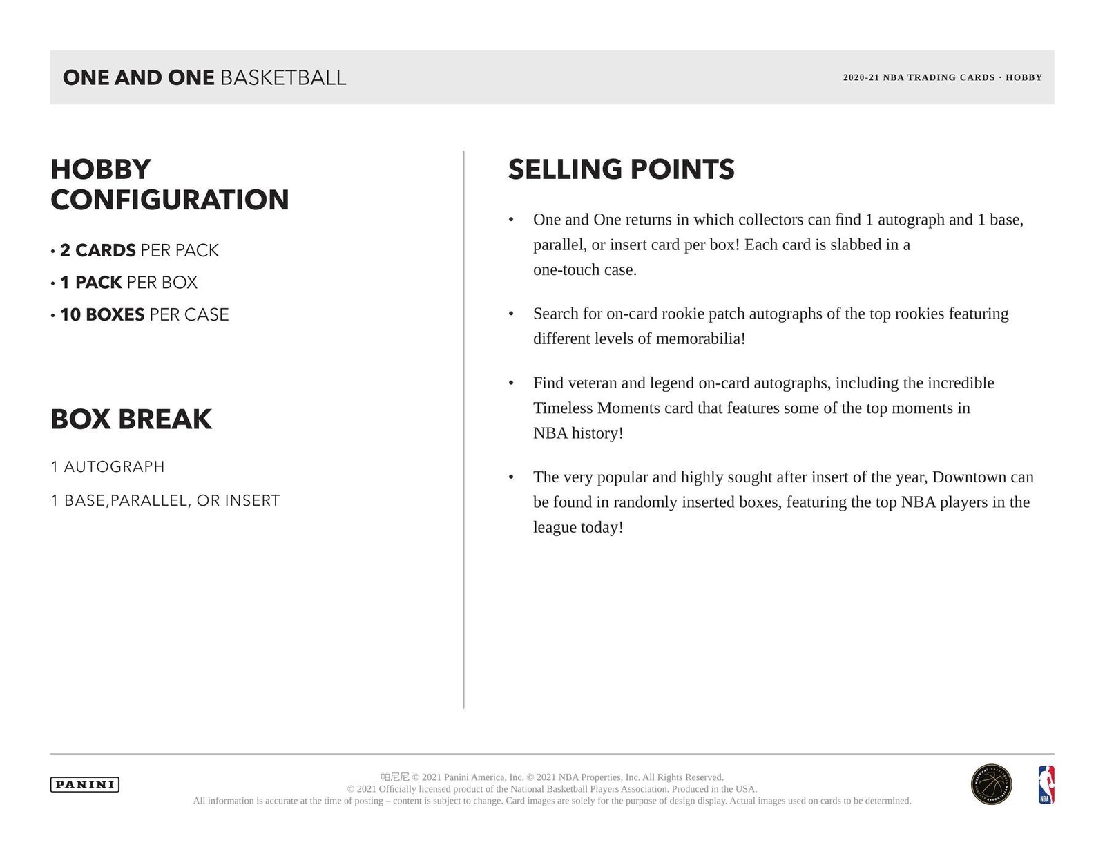 2020/21 Panini One and One Basketball Hobby Box English Factory Sealed ...