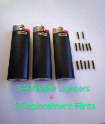 3x Refillable Bic Lighters - Black - w/ 12 additional replacement ...