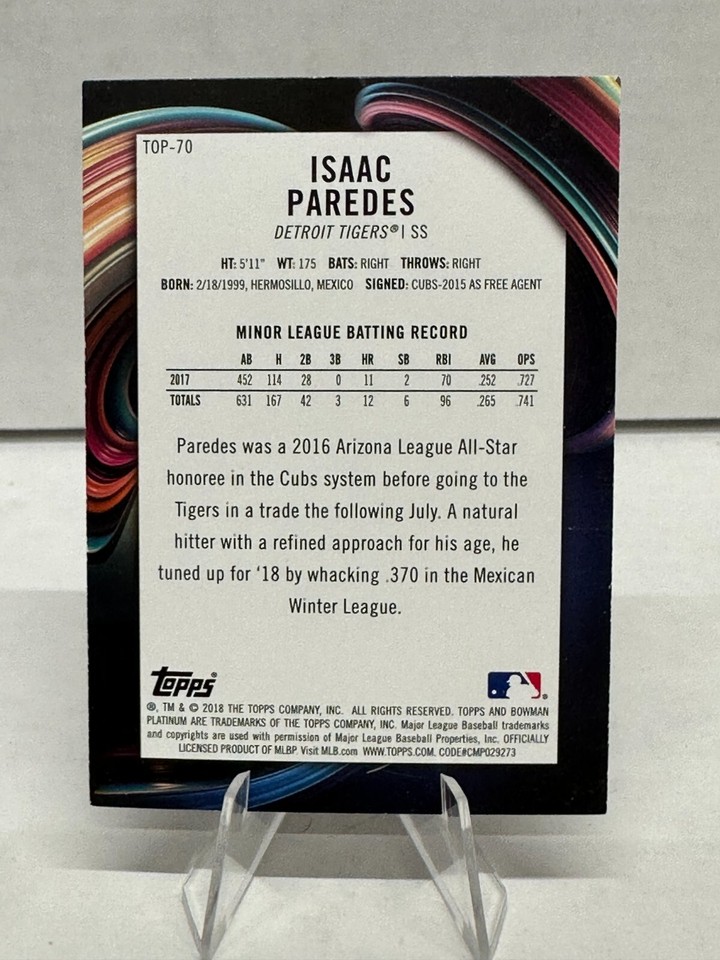 2018 Bowman Platinum Top Prospect Card #TOP-70 Isaac Paredes Detroit ...