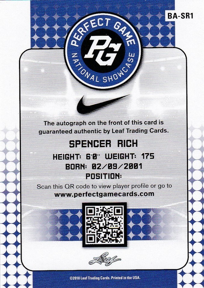 SPENCER RICH 2018 Leaf Baseball Perfect Game AUTO Serial #18/25 | eBay