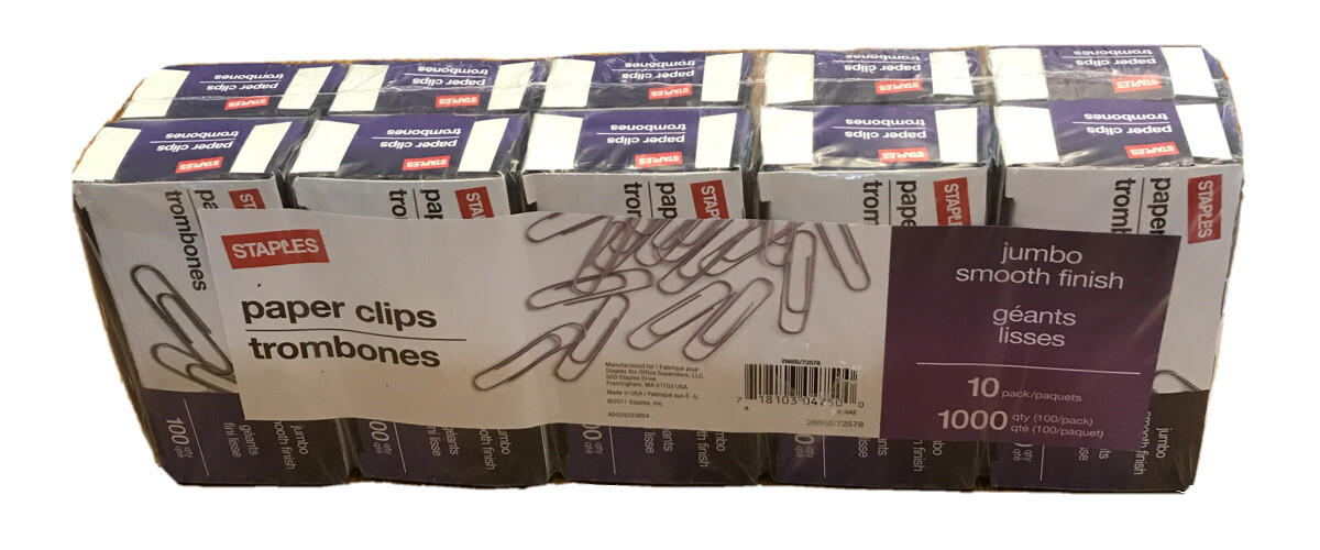 Staples Smooth Paper Clips Jumbo smooth finish Silver 10 pack boxes ...