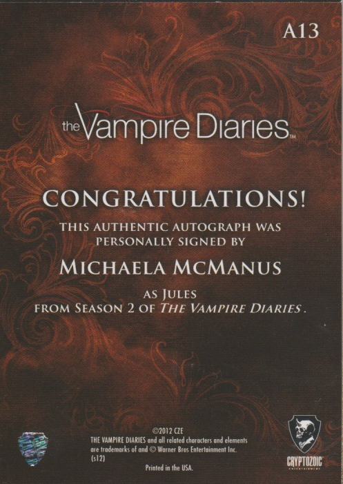 Michaela McManus 2012 Cryptozoic The Vampire Diaries autograph auto ...