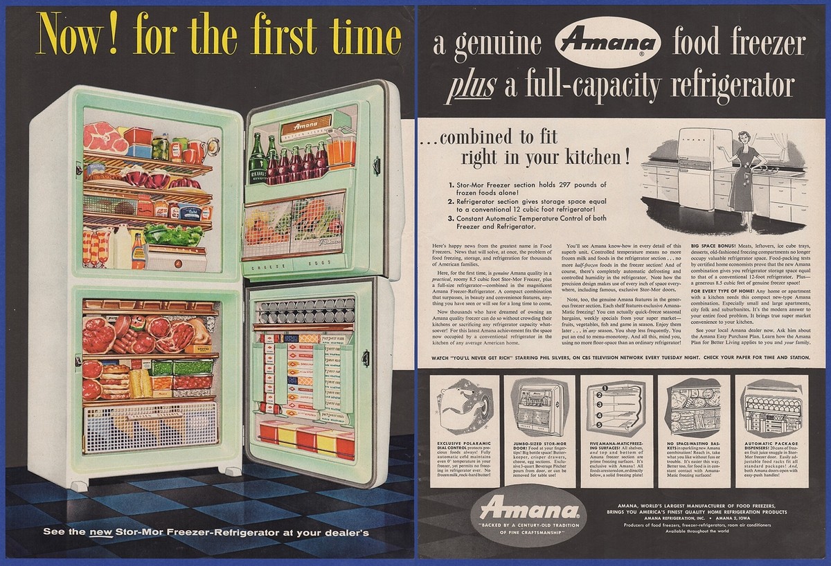 First Refrigerator Advertisement Vintage 1955 AMANA Food Freezer