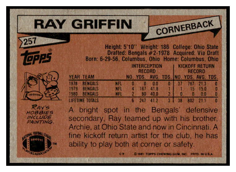 1981 Topps #257 Ray Griffin Cincinnati Bengals Rookie Excellent | eBay