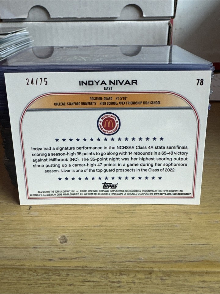 2023 Topps Chrome McD’s All-Amer. 24/75 Indya Nivar #78 UNC Tar Heels ...