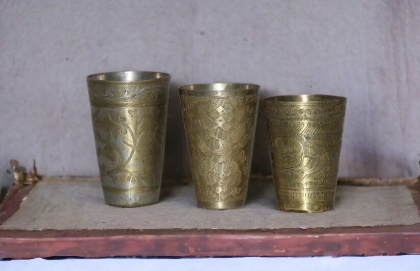 Antique Brass Drinking Cup Glass Original Old Hand Crafted Engraved | eBay