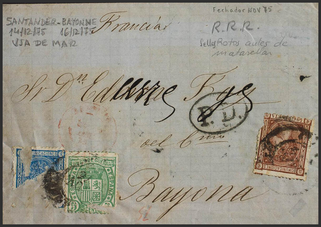 Spain. Alfonso XII. Cover 154, 164, 167. 1875. 5 Cts Verde, 10 Cts Azul ...