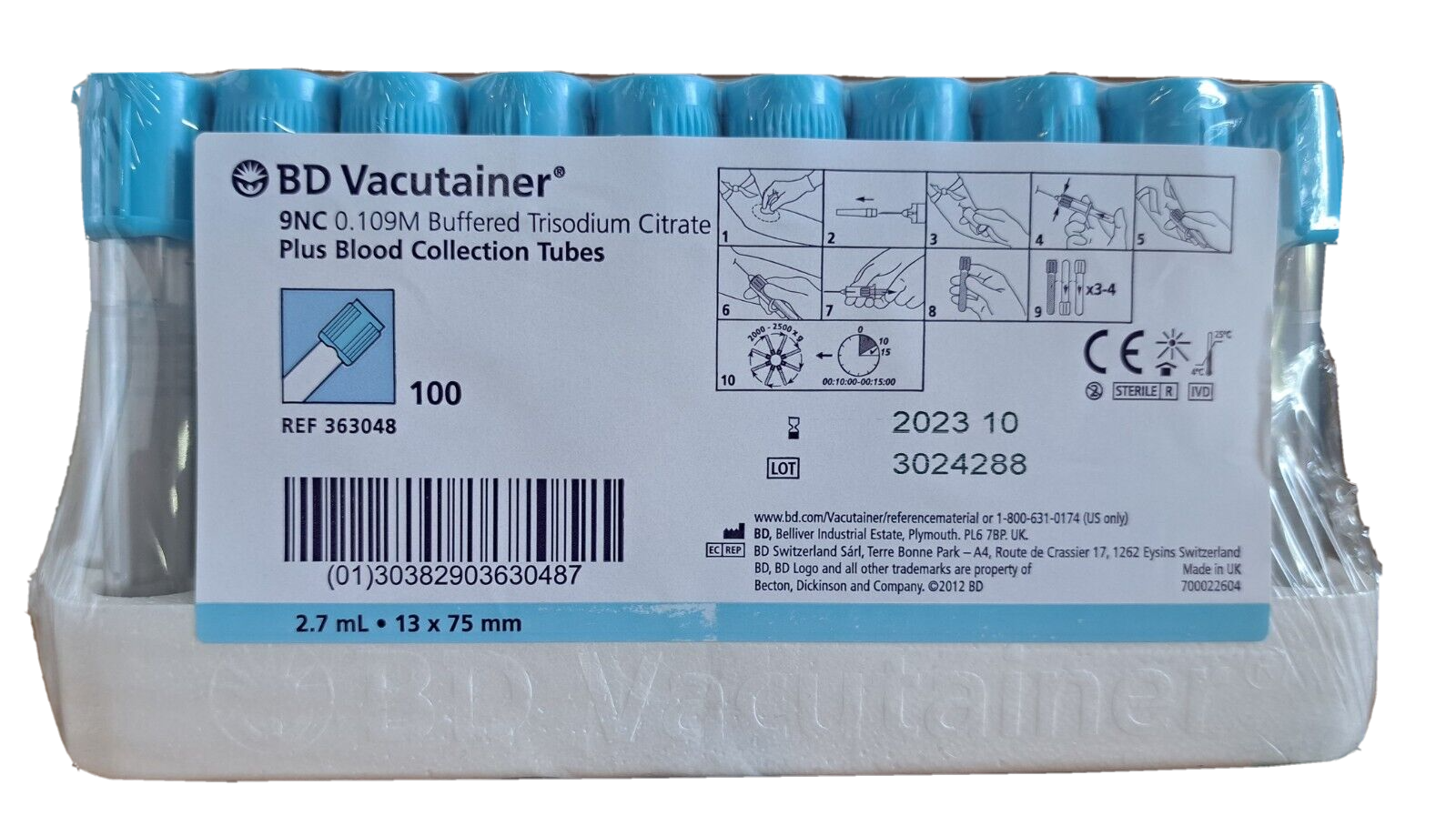100 PROVETTE PT PRP BD VACUTAINER SODIO CITRATO TAPPO CELESTE 2,7 ML ...