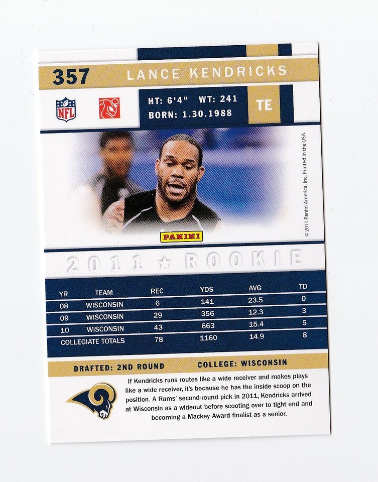 2011 Score Scorecard #357 Lance Kendricks RC St. Louis Rams Wisconsin ...
