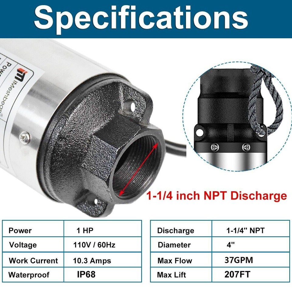 1 HP Deep Well Submersible Pump, 4" , 115V, 37 GPM, 207 ft ,Stainless ...