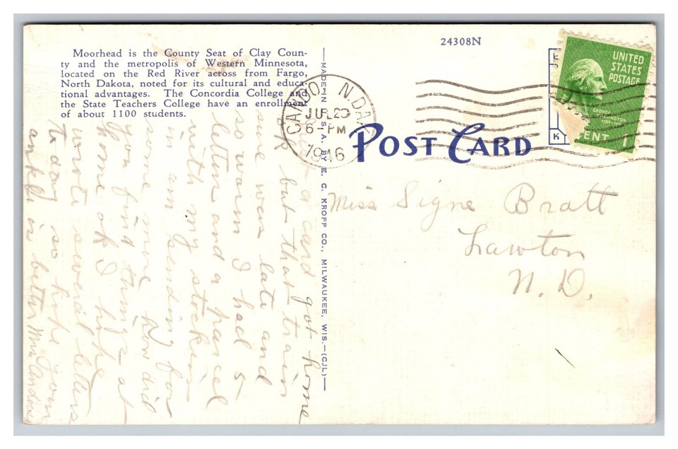 Moorhead MN Minnesota Concordia College -12 Linen Postcard Posted 1946 ...