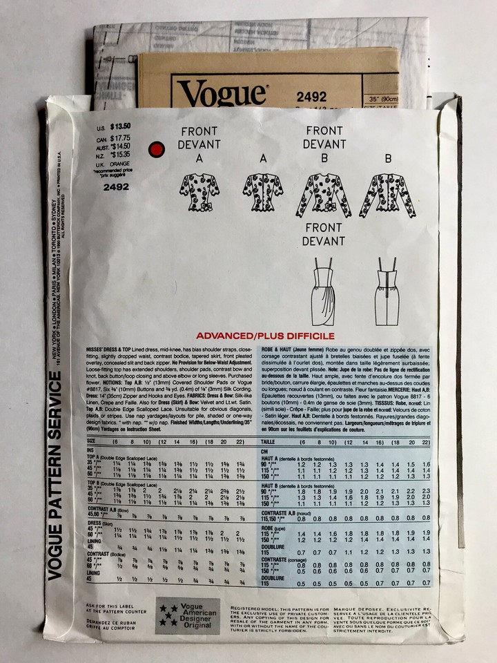 Vogue 2492 Albert Nipon Misses Dress & Top 6 8 10 Sewing Pattern UNCUT ...