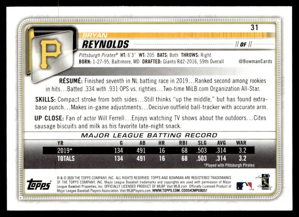 2020 Bowman Bryan Reynolds Pittsburgh Pirates #31 | eBay