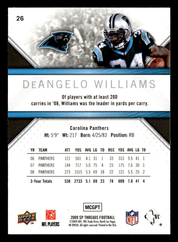 DeAngelo Williams 2009 SP Threads Card #26 Carolina Panthers | eBay
