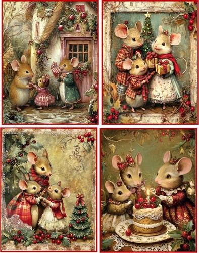 8 Christmas Mice Mouse Family glossy blank fold out Christmas Card red ...