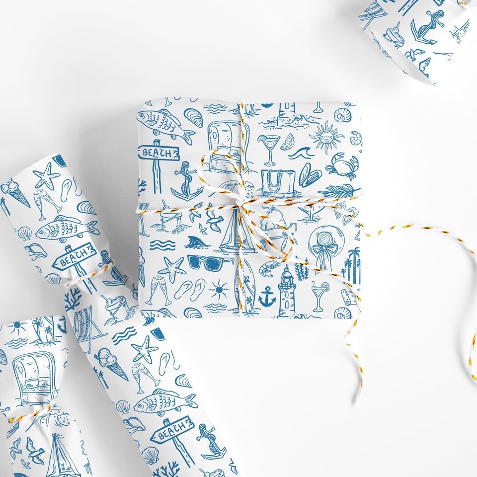 Summer Wrapping Paper -Mini Roll- 17 Inch x 32.8Ft Blue White Beach ...