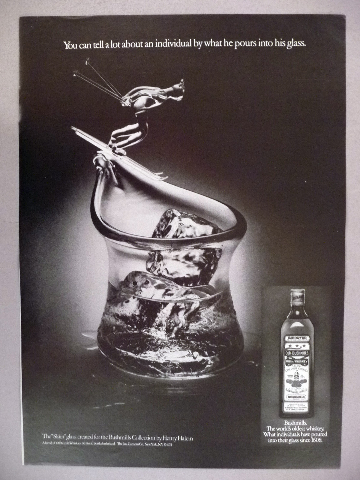 Old Bushmills Irish Whiskey PRINT AD - 1977 ~Henry Halem created "Skier ...