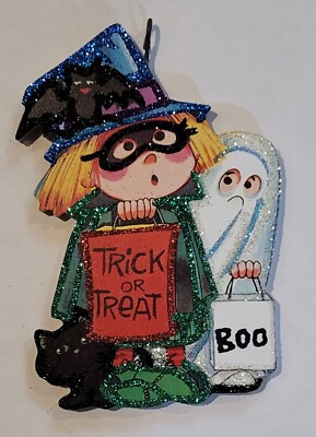 KIDS in COSTUMES, WITCH, GHOST, CAT, BAT * Glitter HALLOWEEN ORNAMENT ...