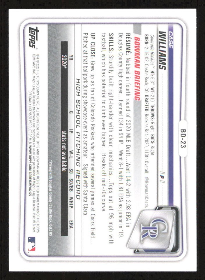 2020 Bowman Draft CASE WILLIAMS 1st Year Baseball card COLORADO ROCKIES ...