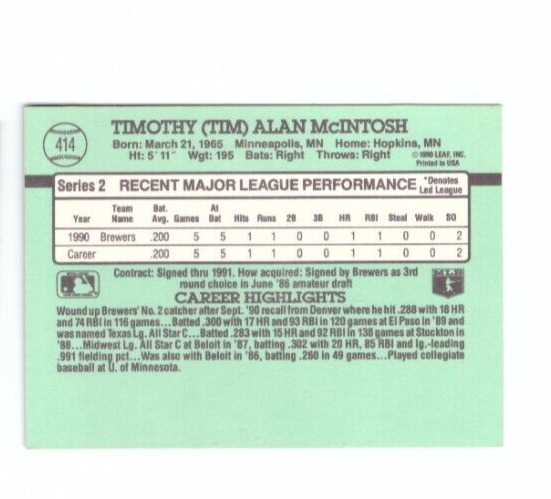 1991 Donruss Baseball Card #414 Tim McIntosh Brewers Rated Rookie | eBay