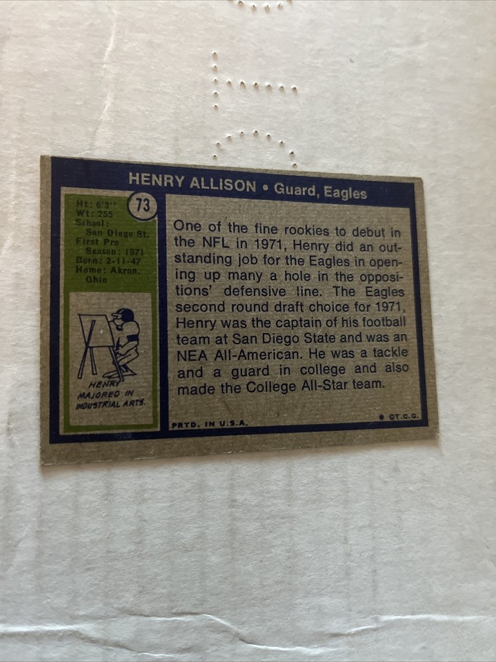 1972 Henry Allison Philadelphia Eagles Topps Football Card #73 | eBay