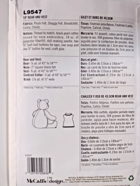McCall L9547 It's Sew Simple Memory Bear Sewing Pattern for sale online ...