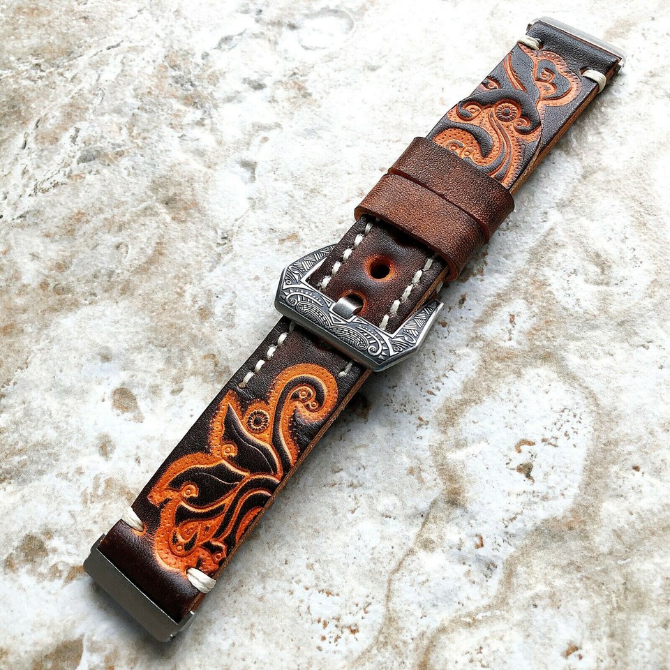Brown Orange Embossed Handmade Leather Band Strap for Fitbit Versa 3 4 ...