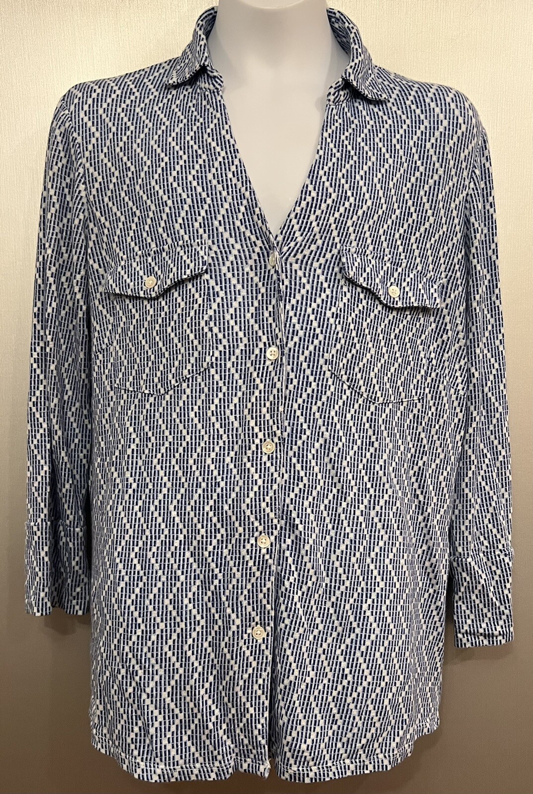 J. McLaughlin Blue & White Chevron Dash Print Linen B… - Gem