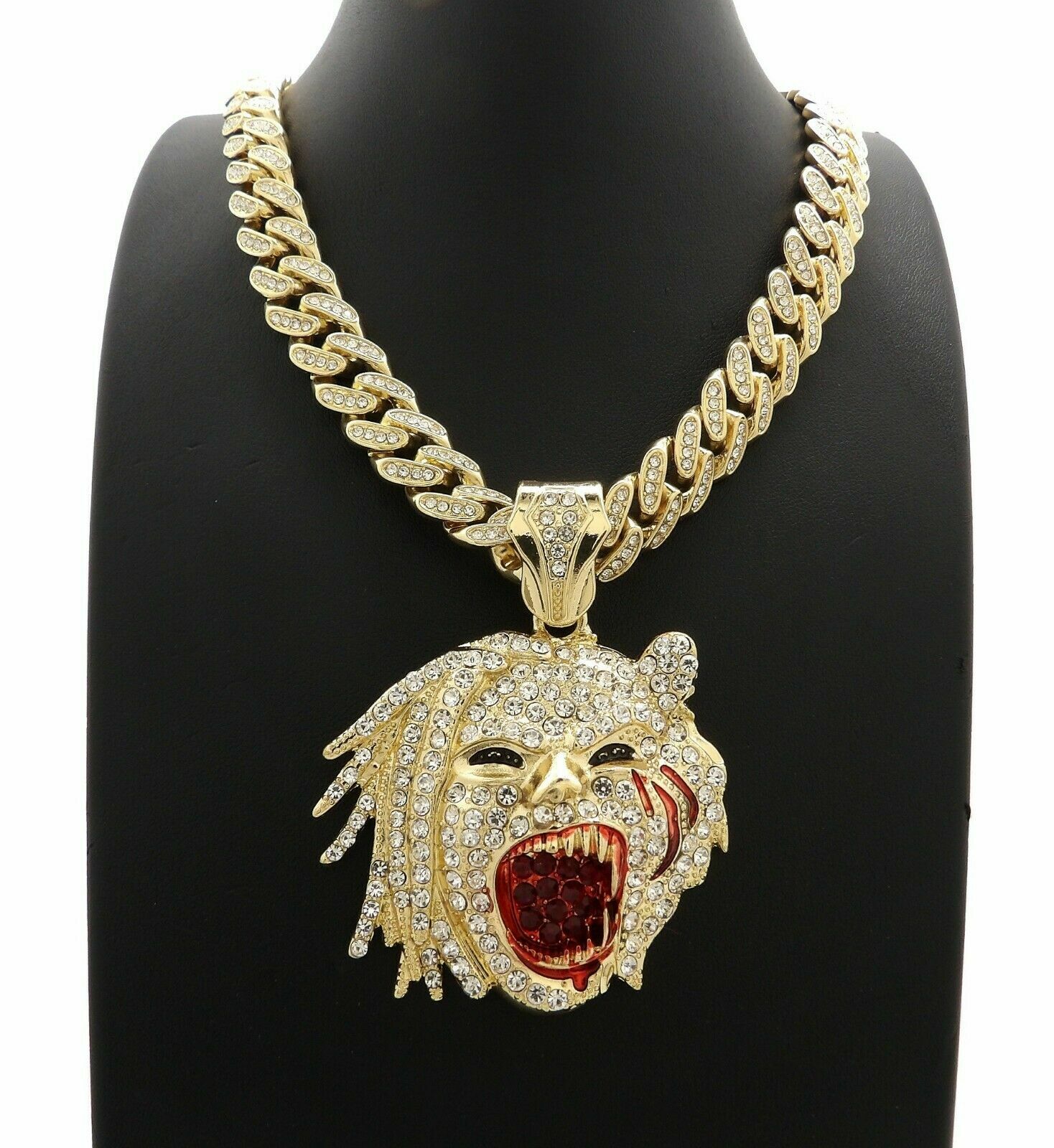 TEE GRIZZLEY Half Man Half Beast Pendant & 18" 20" Iced Cuban Chain ...