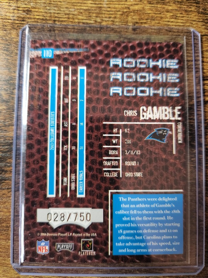 2004 Playoff Hogg Heaven Chris Gamble Rookie RC 28/750 #110 Panthers ...