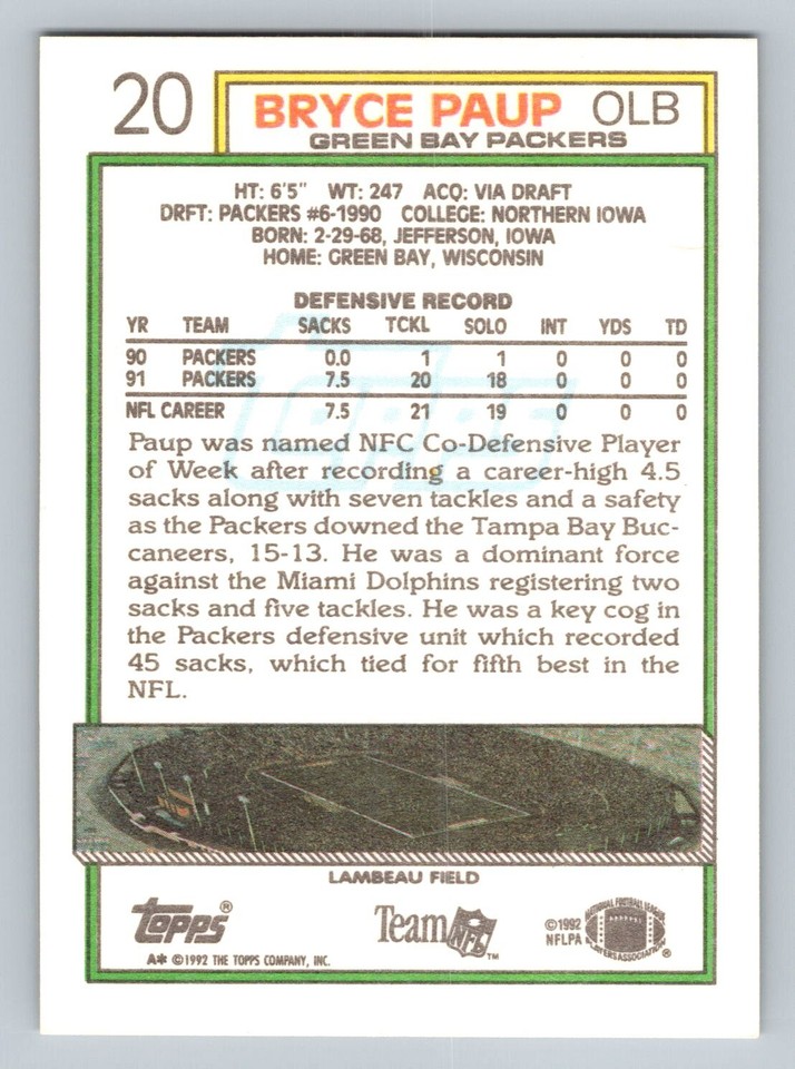 Bryce Paup 1992 Topps #20b Green Bay Packers | eBay