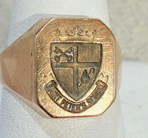 1953 St Peter's School Signet Ring in 10 K Yellow Gold Engraved 11gm Sz ...