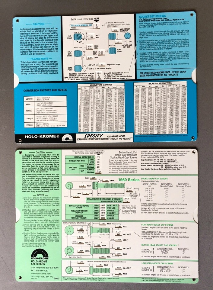 NEW SET OF HOLO-KROME SOCKET SCREW SELECTOR SLIDE CHARTS INCH & METRIC ...
