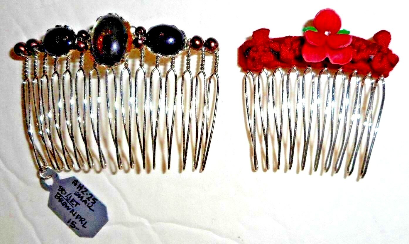 2 Hair Combs Barrette Plated Wire Velvet Ribbon Jet Stone Brown Pearls ...