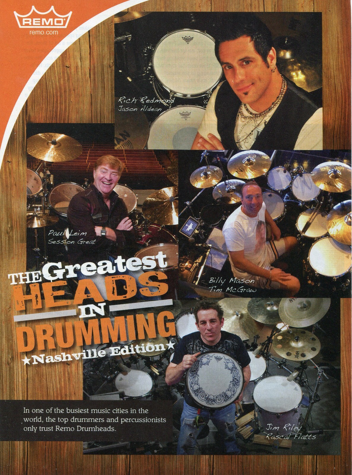 2010 Print Ad of Remo Drumhead w Rich Redmond, Paul Leim, Billy Mason ...