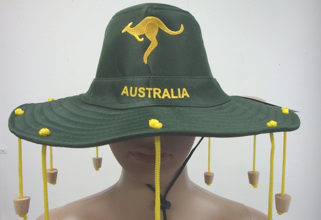Australian Souvenir Aussie Slouch Hat With Corks Green Kangaroo Pattern ...