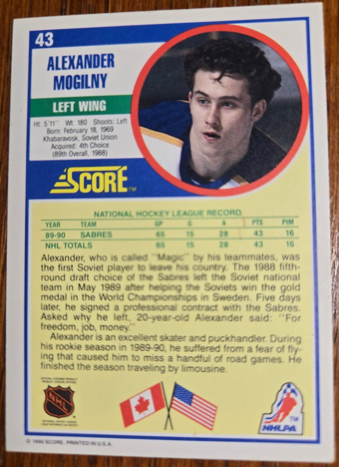 1990-91 Score Alexander Mogilny Rookie Card RC #43 Buffalo Sabres Mint ...