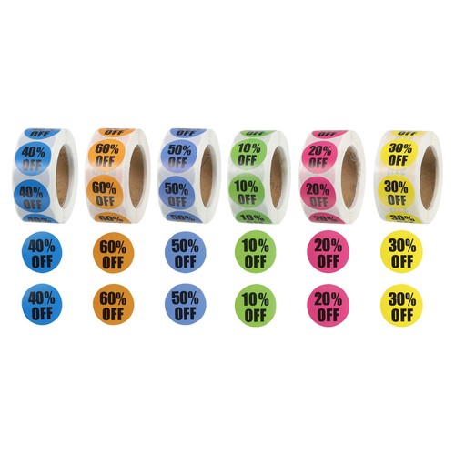 6 Roll Percent Off Round Sticker 1 Inch Adhesive 10% to 60% Marking ...