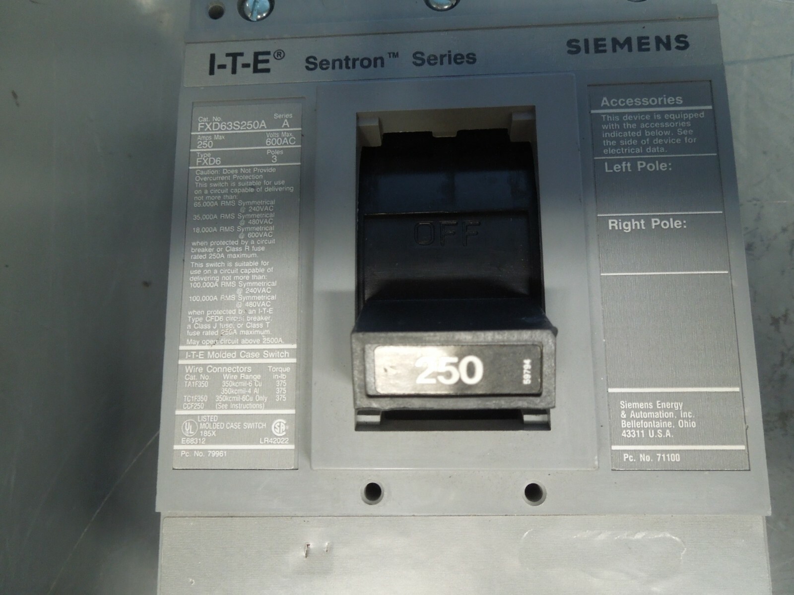Siemens Sentron Type FXD6-A FXD63S250A 250A 3P 600V Molded Case Switch ...