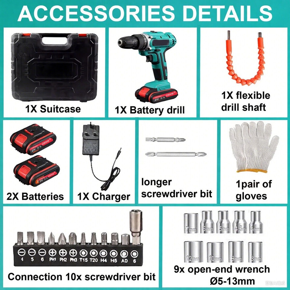 2 Battery 21V Cordless Drill Combi Driver High Power Electric ...